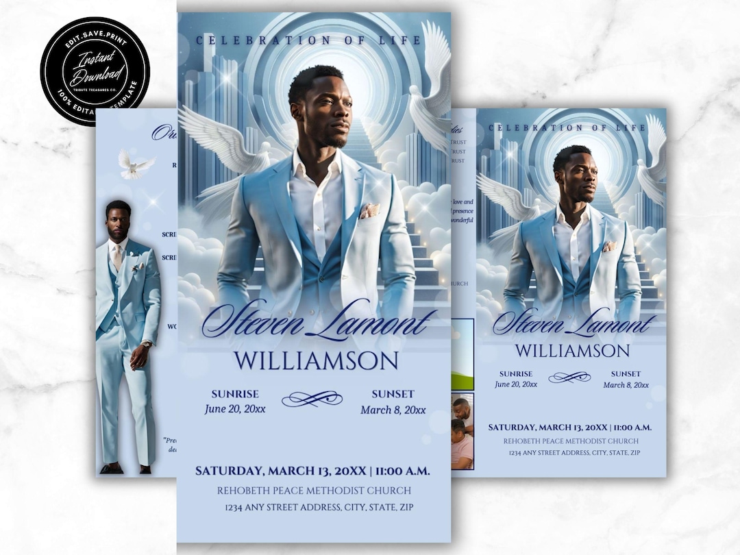 Light Blue Clouds Funeral Program Template: Obituary Template (canva ...