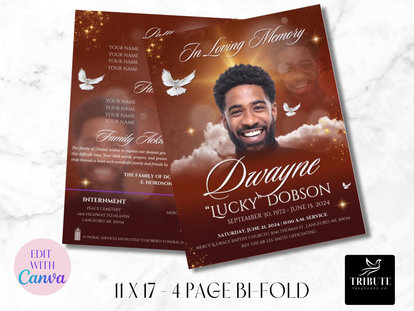 Red Sunrise Funeral Program Template: 4-page Memorial (canva Editable ...