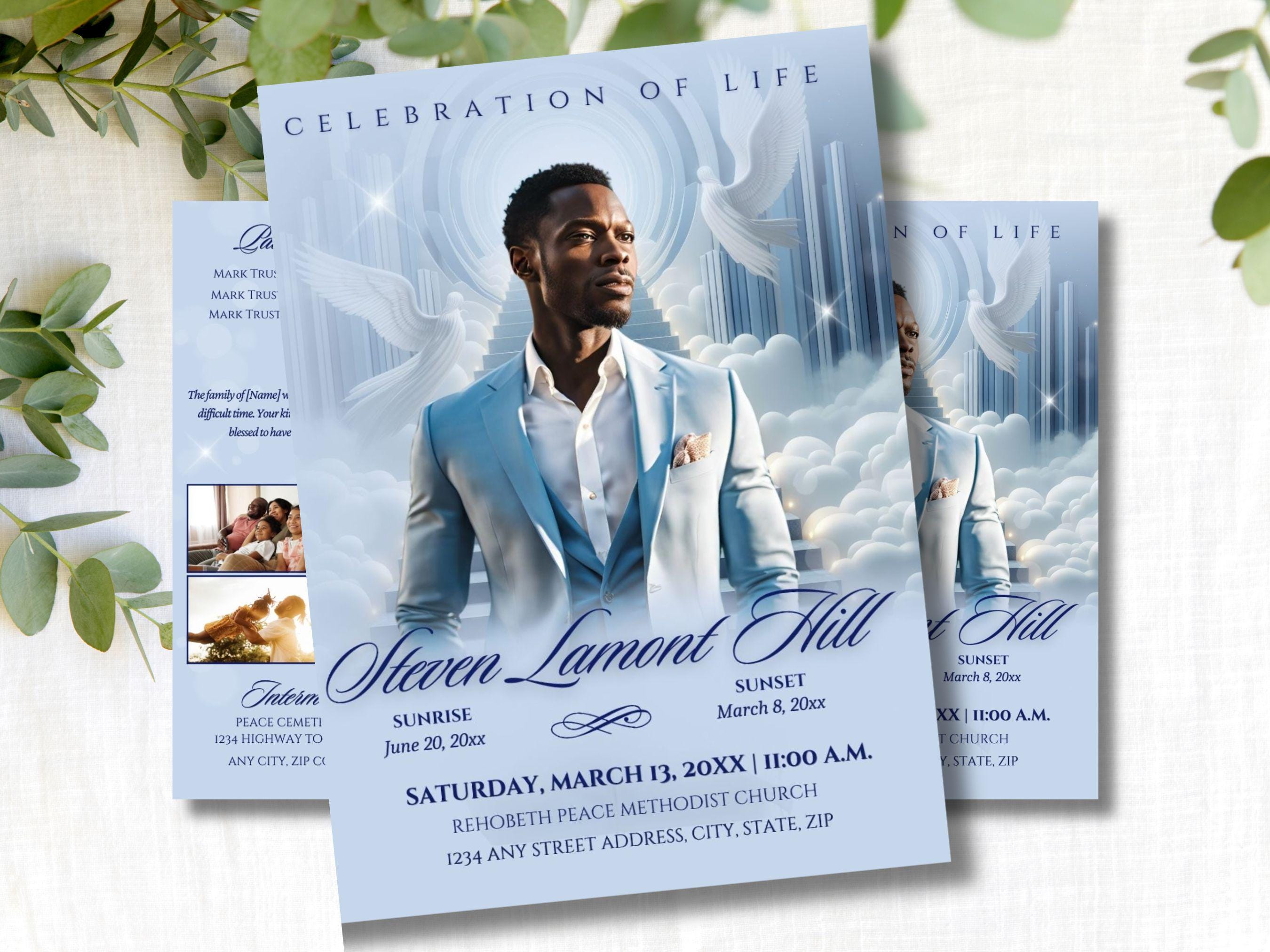Light Blue Clouds Funeral Program Template: Obituary Book (canva, 8 ...