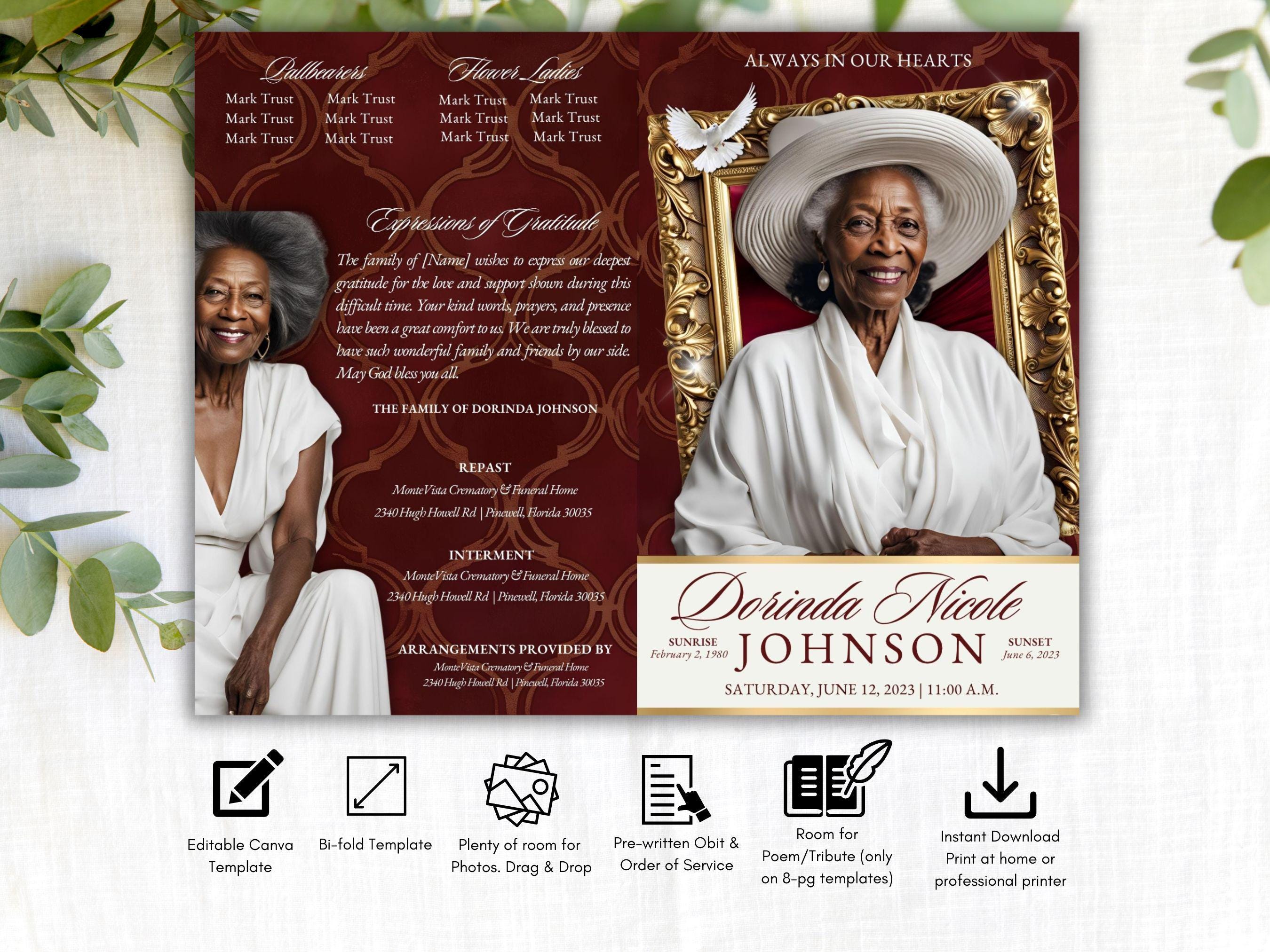 Maroon & Gold Funeral Program Template: 4 Pg. 5.5"x8.5" Bi-fold Canva ...
