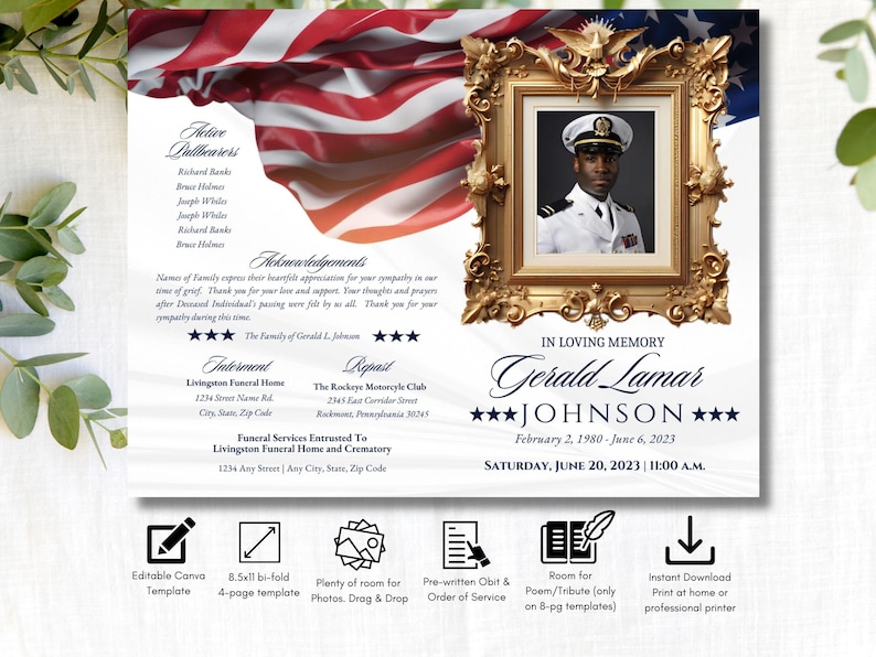 Military Funeral Program Template: Patriotic Celebration of Life (canva ...