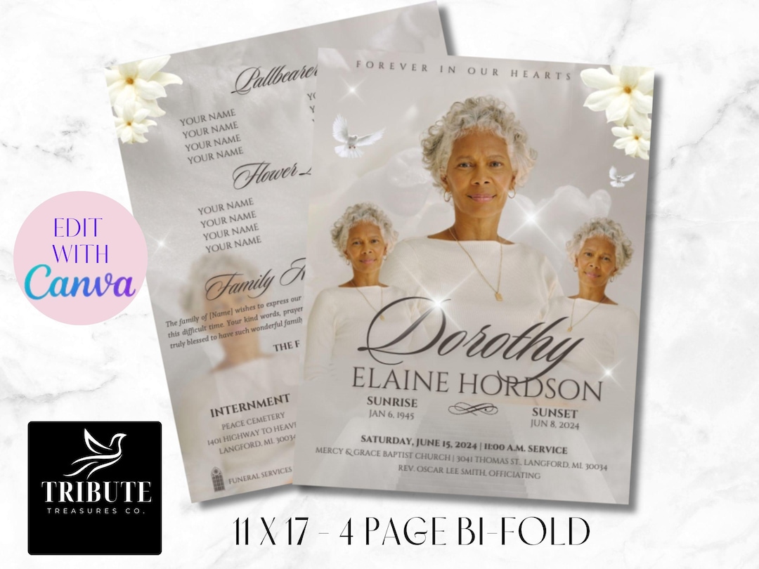 White & Gold Funeral Program Template: 4-page Memorial (canva Editable ...