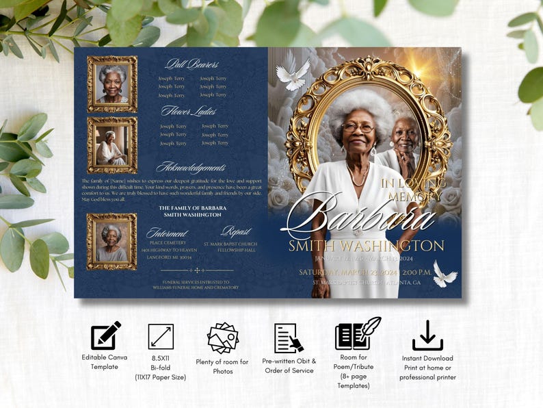 Blue & Gold Funeral Program Template: 8-page Obituary Book (canva ...