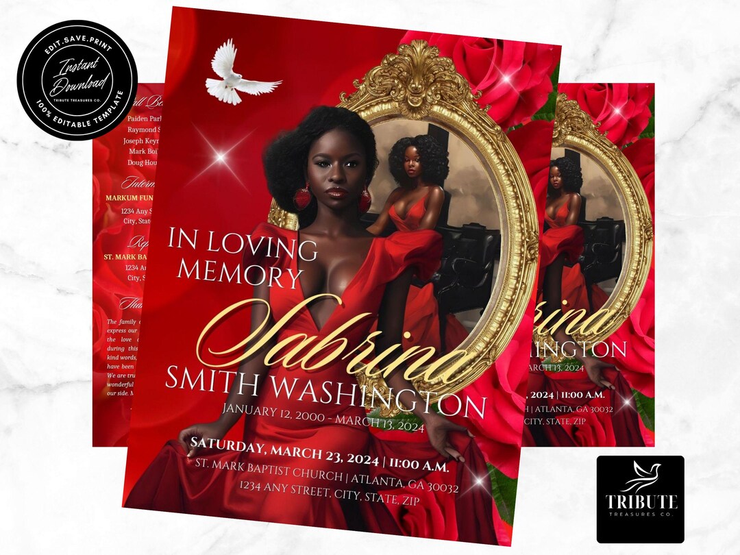 Red Rose Funeral Program Template: 4-page Memorial (canva Editable) - Etsy