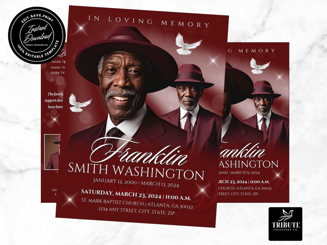 Burgundy Rose Funeral Program Template: 4-page Memorial (canva Editable ...