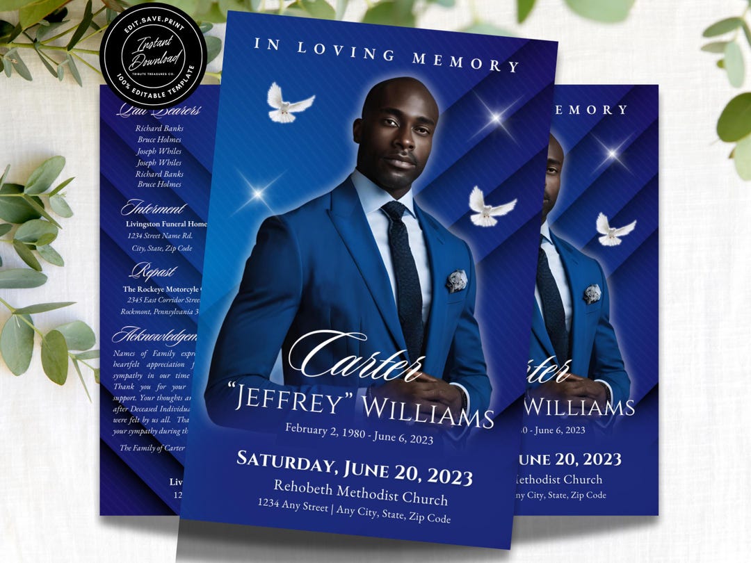 Blue Funeral Program Template: 5.5x8.5" Obituary, Memorial (canva ...