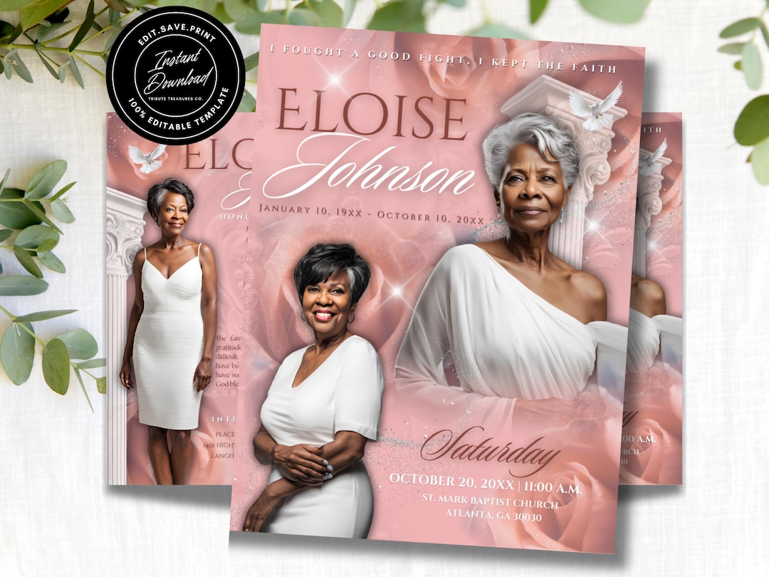 Pink Rose Funeral Program Template: Elegant Obituary (canva, 11x17, 8 ...