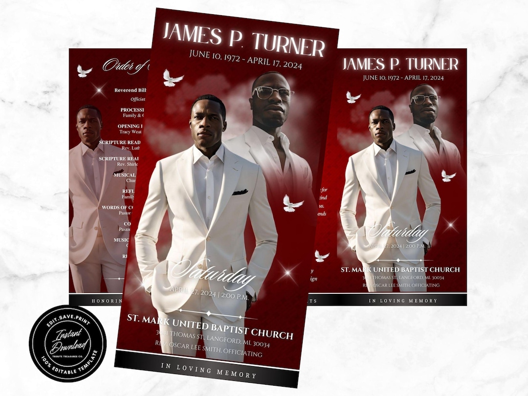 Red & Black Funeral Program Template: 11x17 Trifold Obituary (editable ...