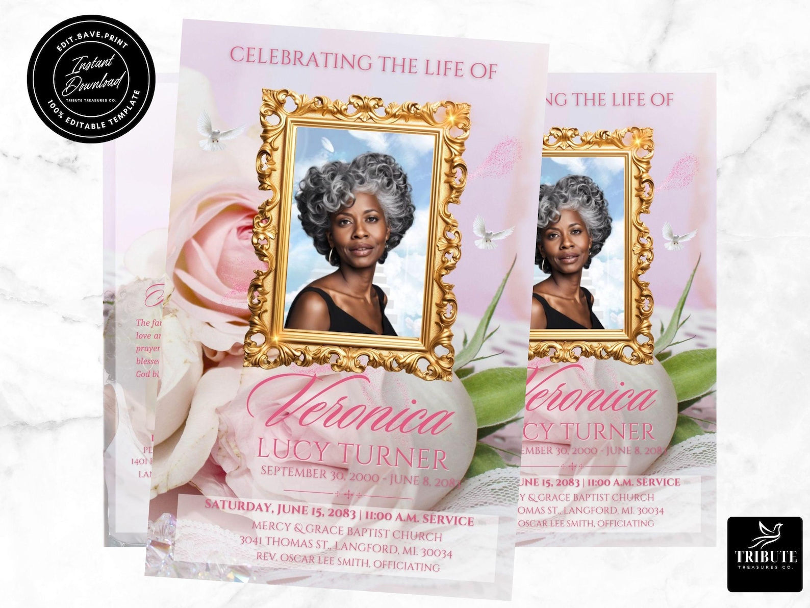 Pink Rose Funeral Program Template: Obituary Memorial (canva Editable ...