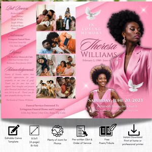Pink Funeral Program Template: Obituary Memorial Keepsake (canva ...