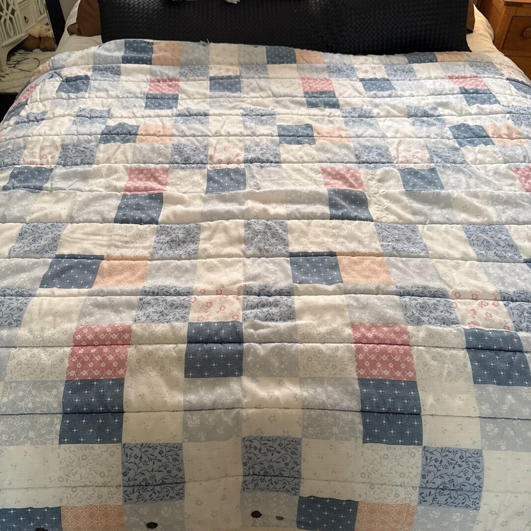 Twin Quilt White Blue Snap Buttons Nursery Handmade Patchwork Vintage ...