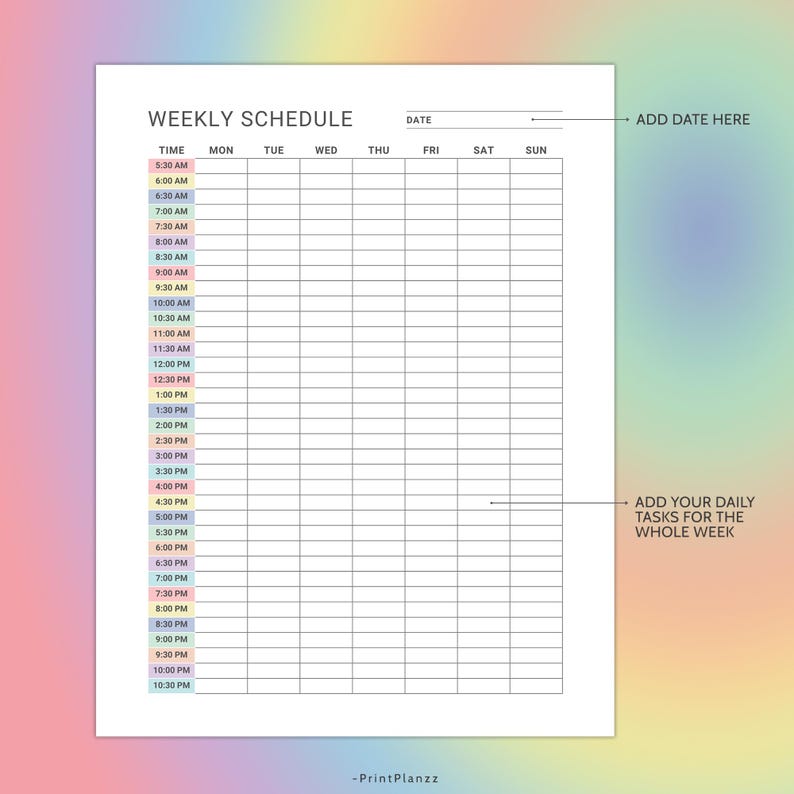 Half Hour Weekly Schedule Printable Weekly Schedule Template Editable ...