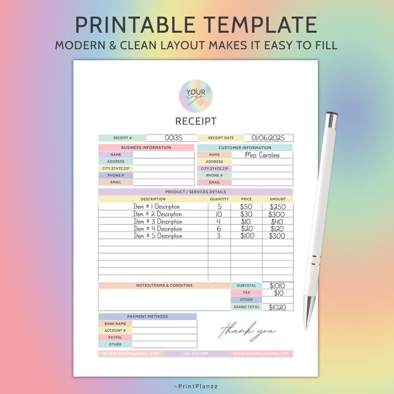 Editable Receipt Template Small Business Digital Receipt Form Customer ...