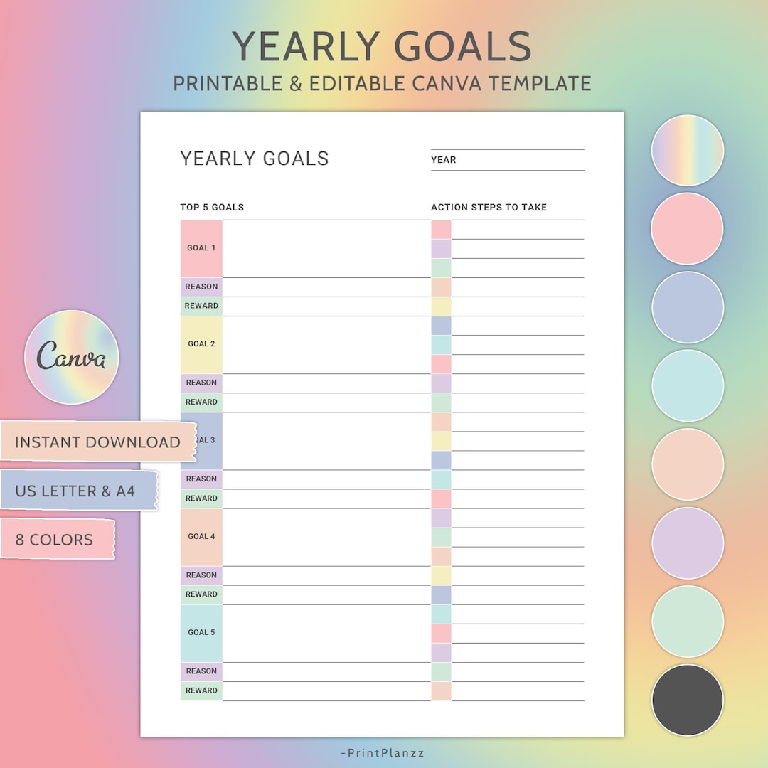 Yearly Goals Printable Template Editable Canva Template Yearly Goal ...