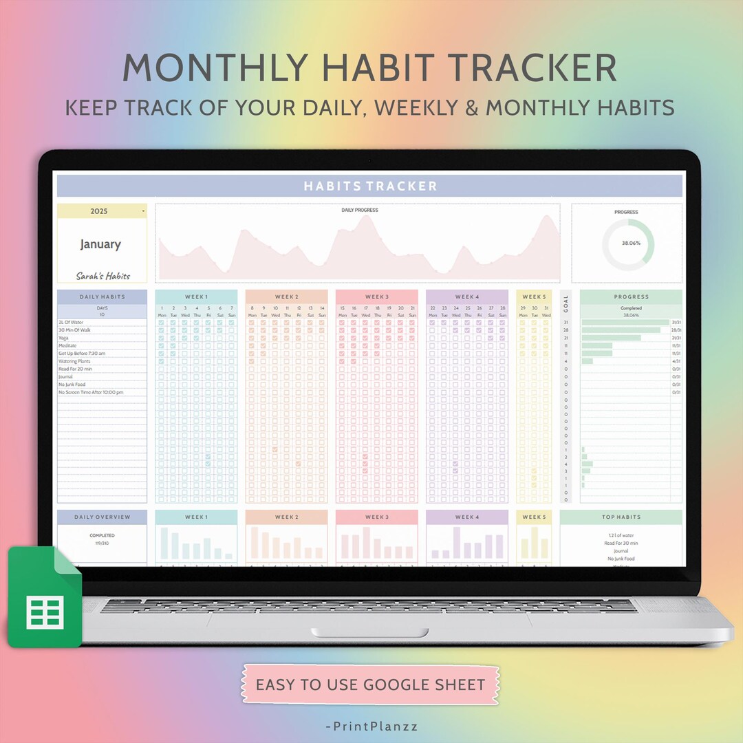 Habit Tracker Google Sheets Daily Habit Planner Weekly Habits Goal ...