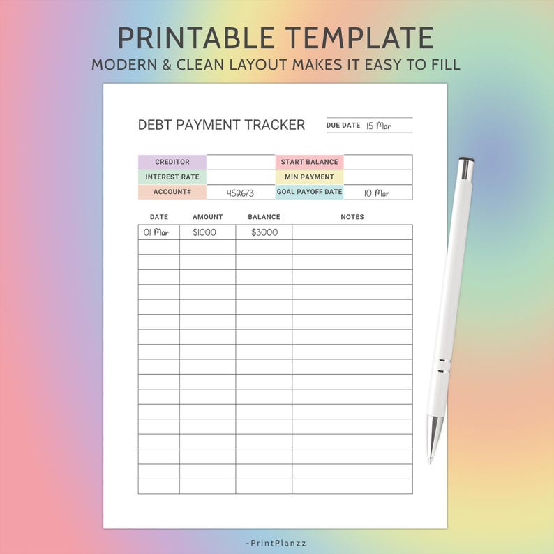 Debt Payment Tracker Printable Debt Payoff Log Debt Repayment Plan ...