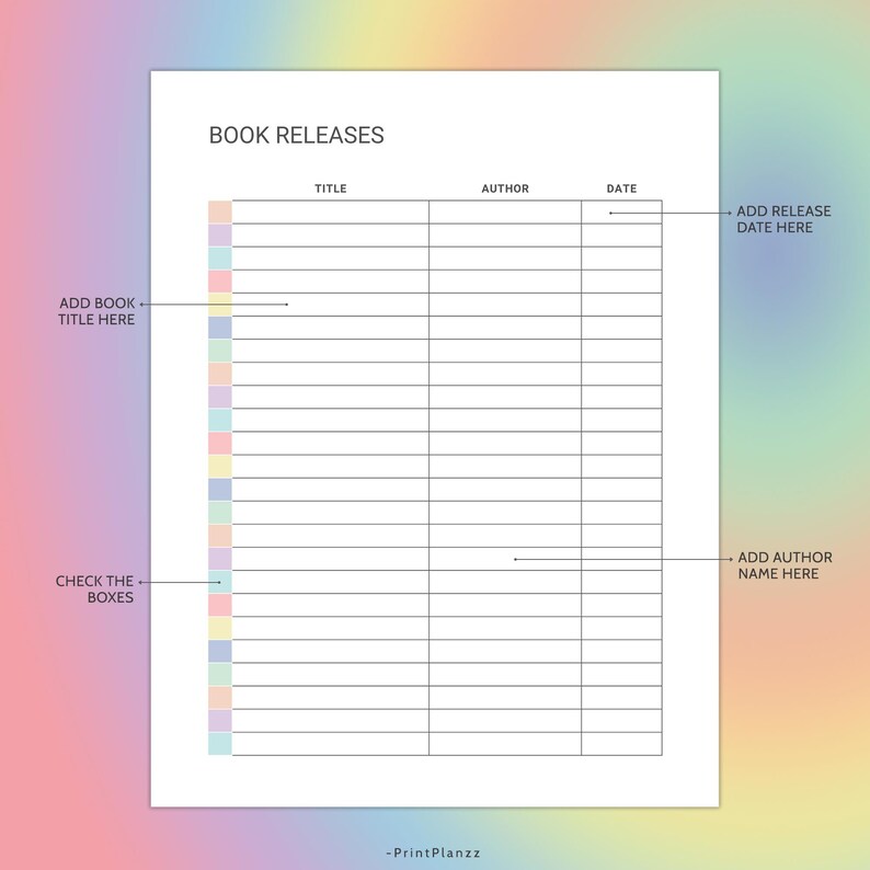 Book Releases Tracker Printable Books to Buy Reminder Upcoming Book ...