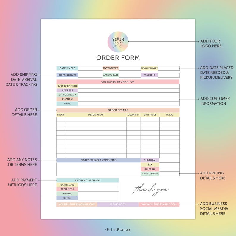 Order Form Template Editable Small Business Order Form Customer Order ...