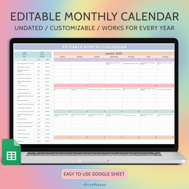 Monthly Calendar Spreadsheet Editable Monthly Calendar Google Sheet ...