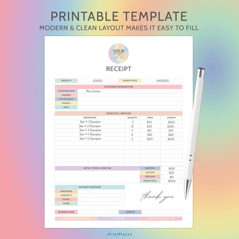 Editable Receipt Template Small Business Digital Receipt Form Customer ...