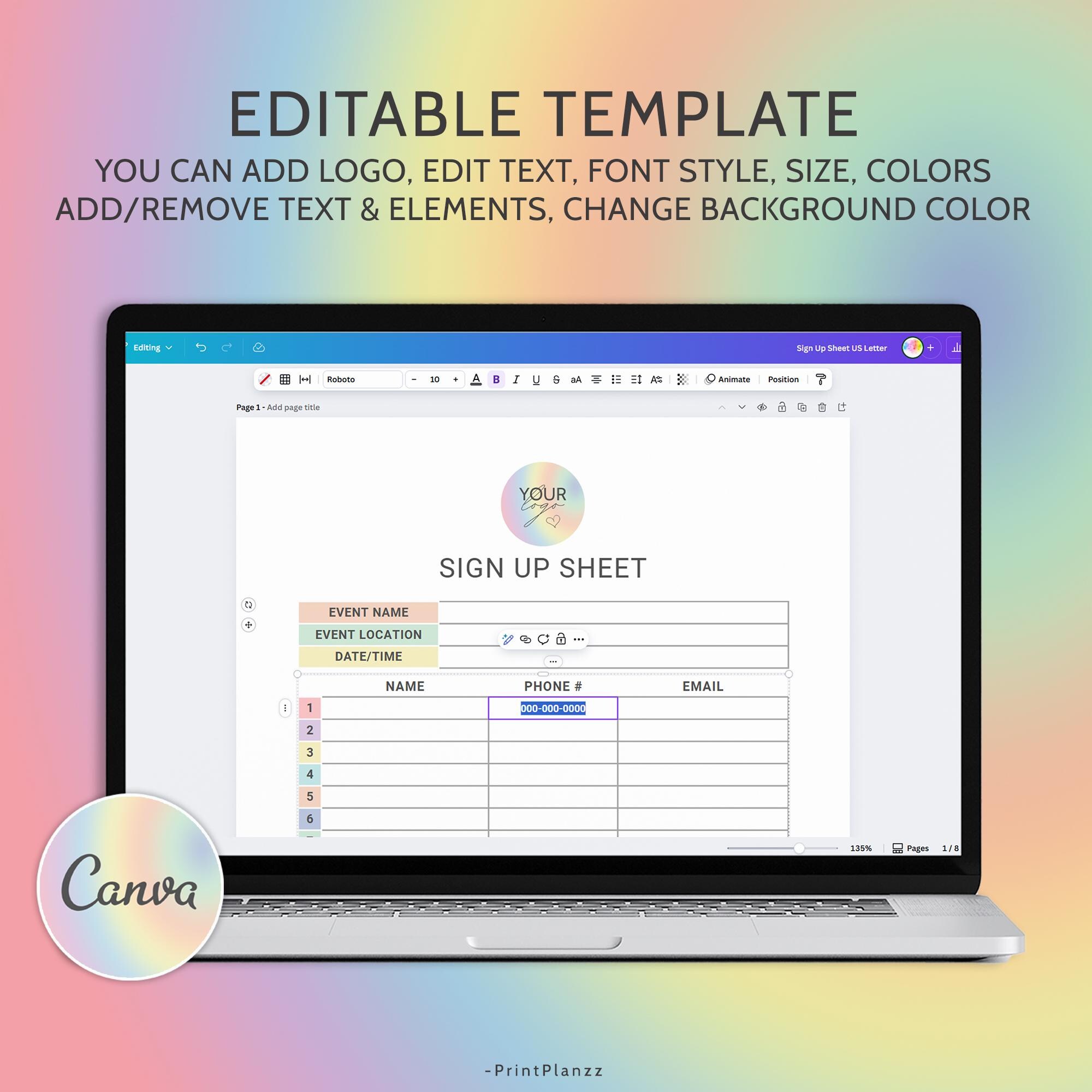 Sign up Sheet Template Canva Editable Signup Sheet Printable Sign up ...