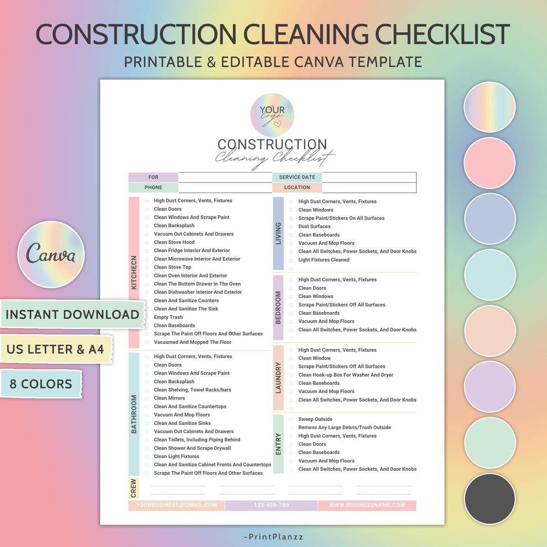 Construction Cleaning Checklist Editable Cleaning Checklist Printable ...