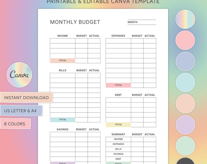 Monthly Budget Printable Financial Overview Editable Canva Template ...