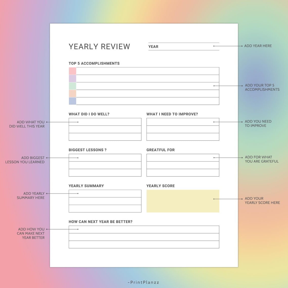 Yearly Review Template Yearly Reflection Annual Review Yearly Goals ...