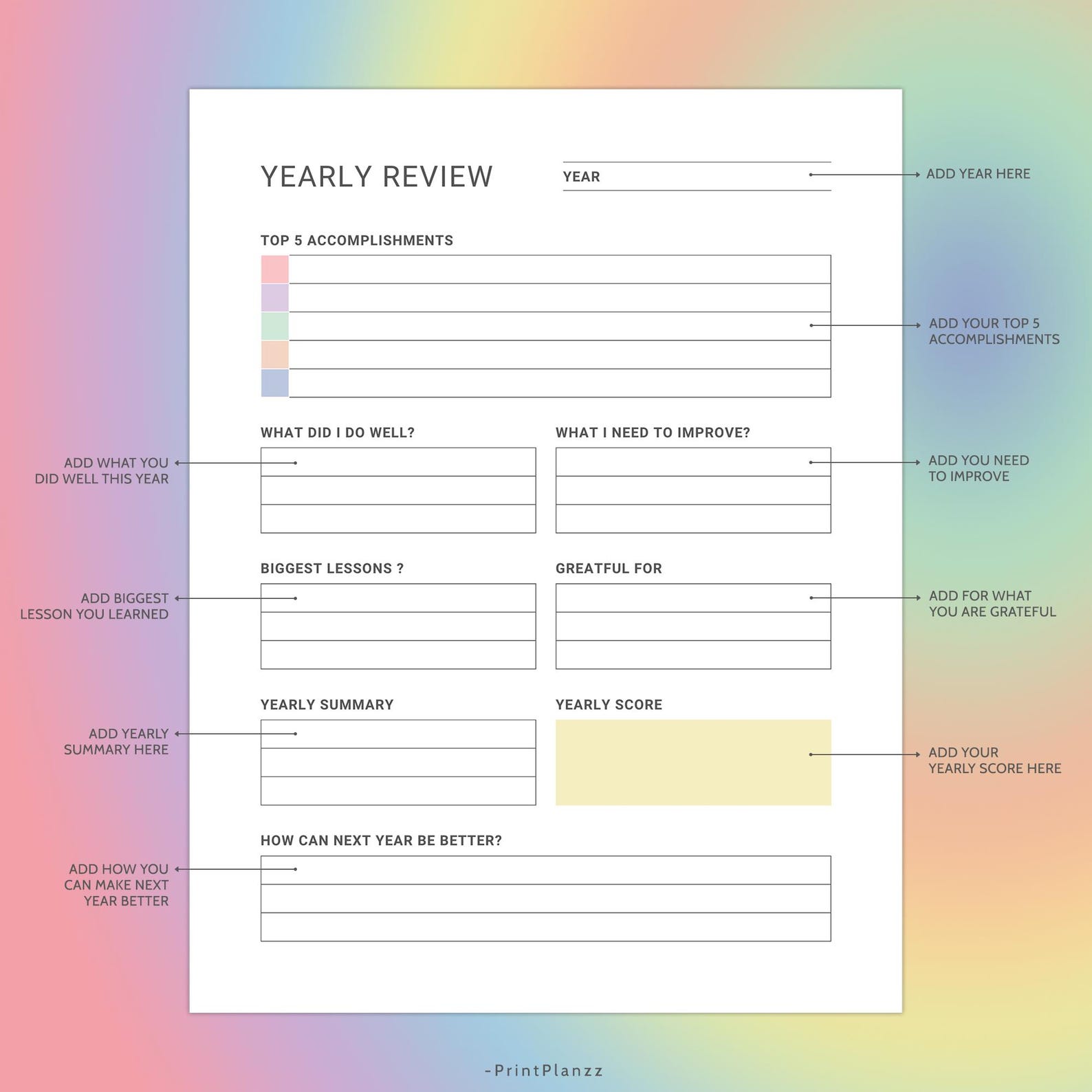 Yearly Review Template Yearly Reflection Annual Review Yearly Goals ...