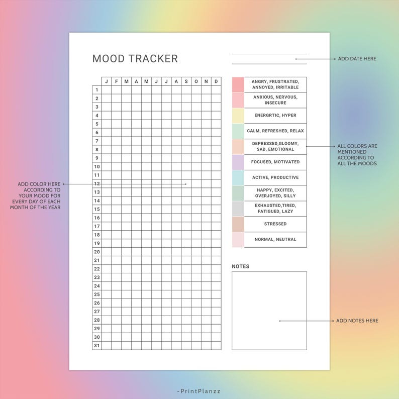 Mood Tracker Printable A Year in Pixels Mood Journal Emotion Tracker ...