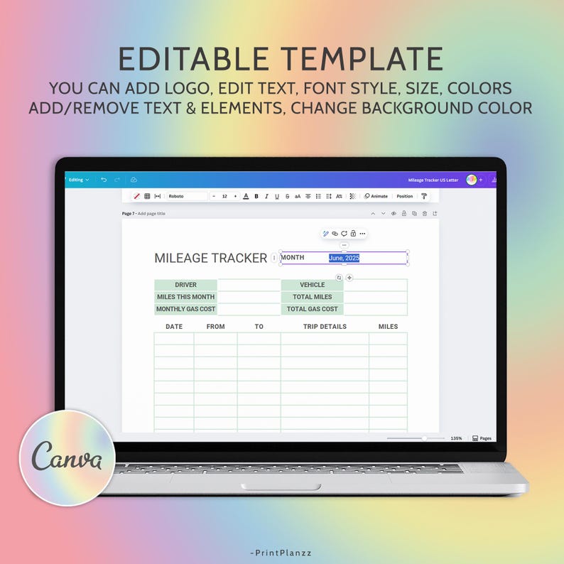 Mileage Tracker Printable Business Mileage Log Tracker Editable Work ...