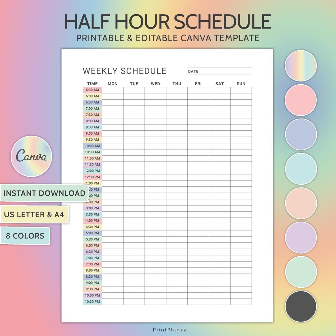 Half Hour Weekly Schedule Printable Weekly Schedule Template Editable ...