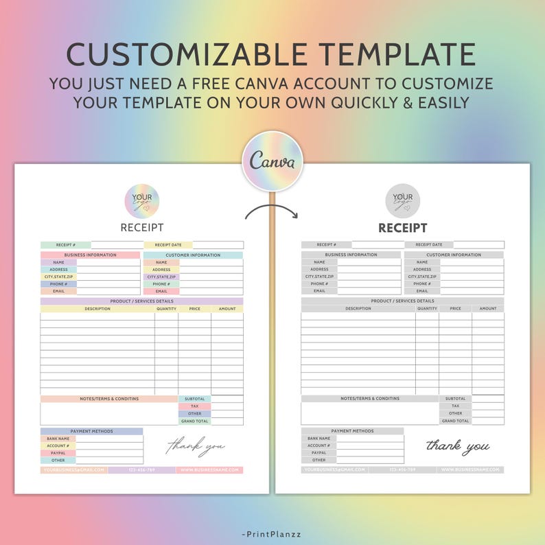 Editable Receipt Template Small Business Digital Receipt Form Customer ...