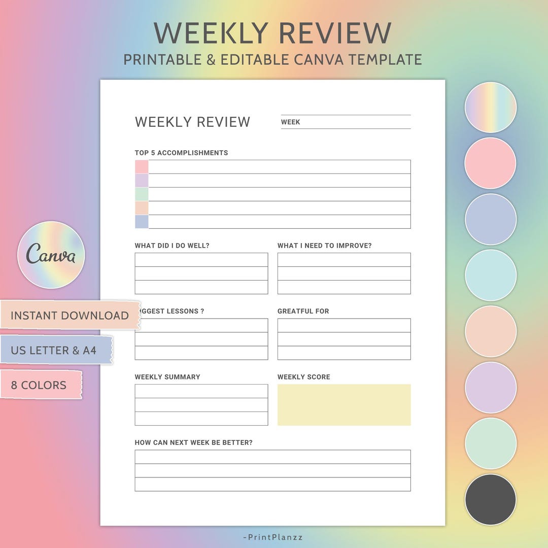 Weekly Review Printable Insert Template Weekly Reflection Journal Pages ...