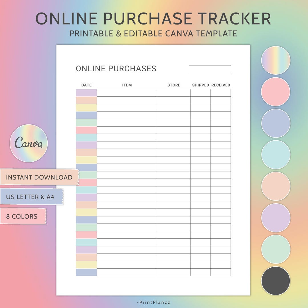 Online Purchases Tracker Printable Online Shopping Tracker Canva ...