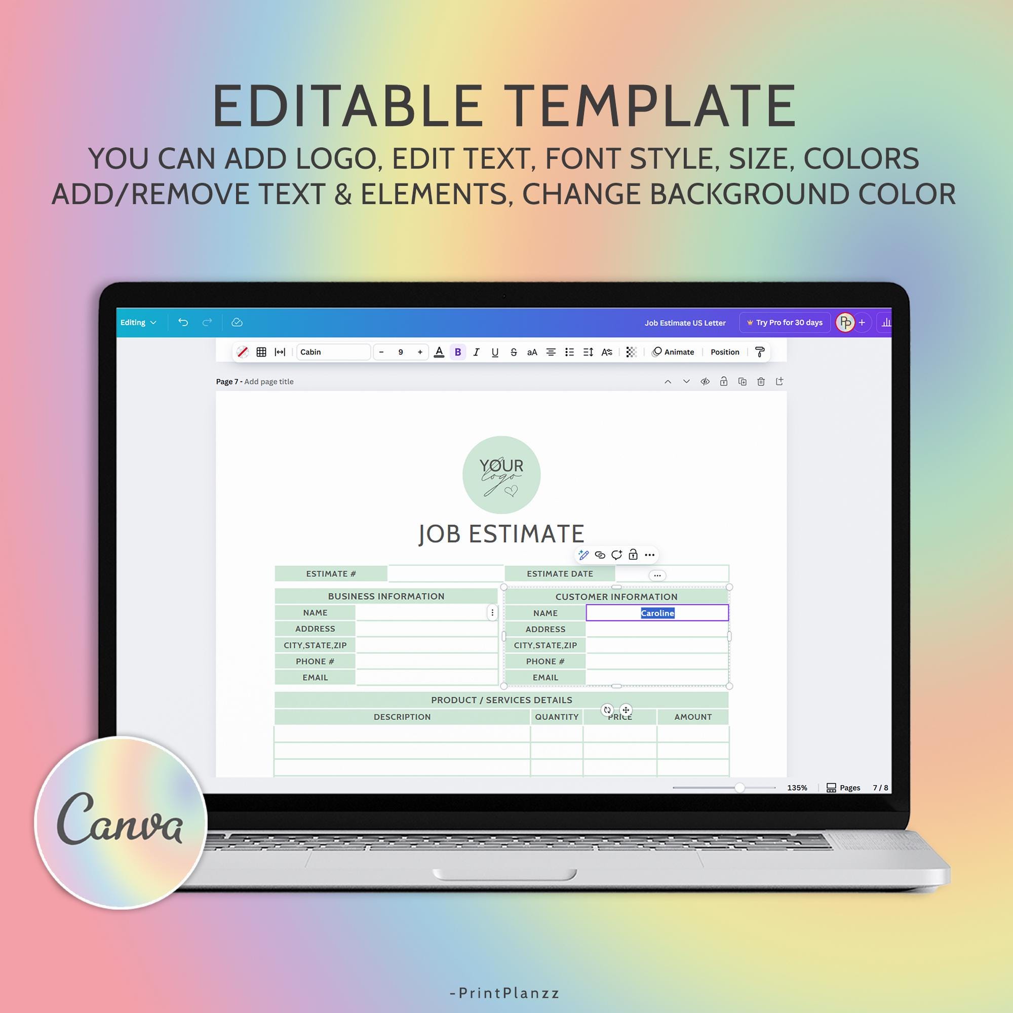 Job Estimate Template Editable Job Estimate Canva Template PDF ...