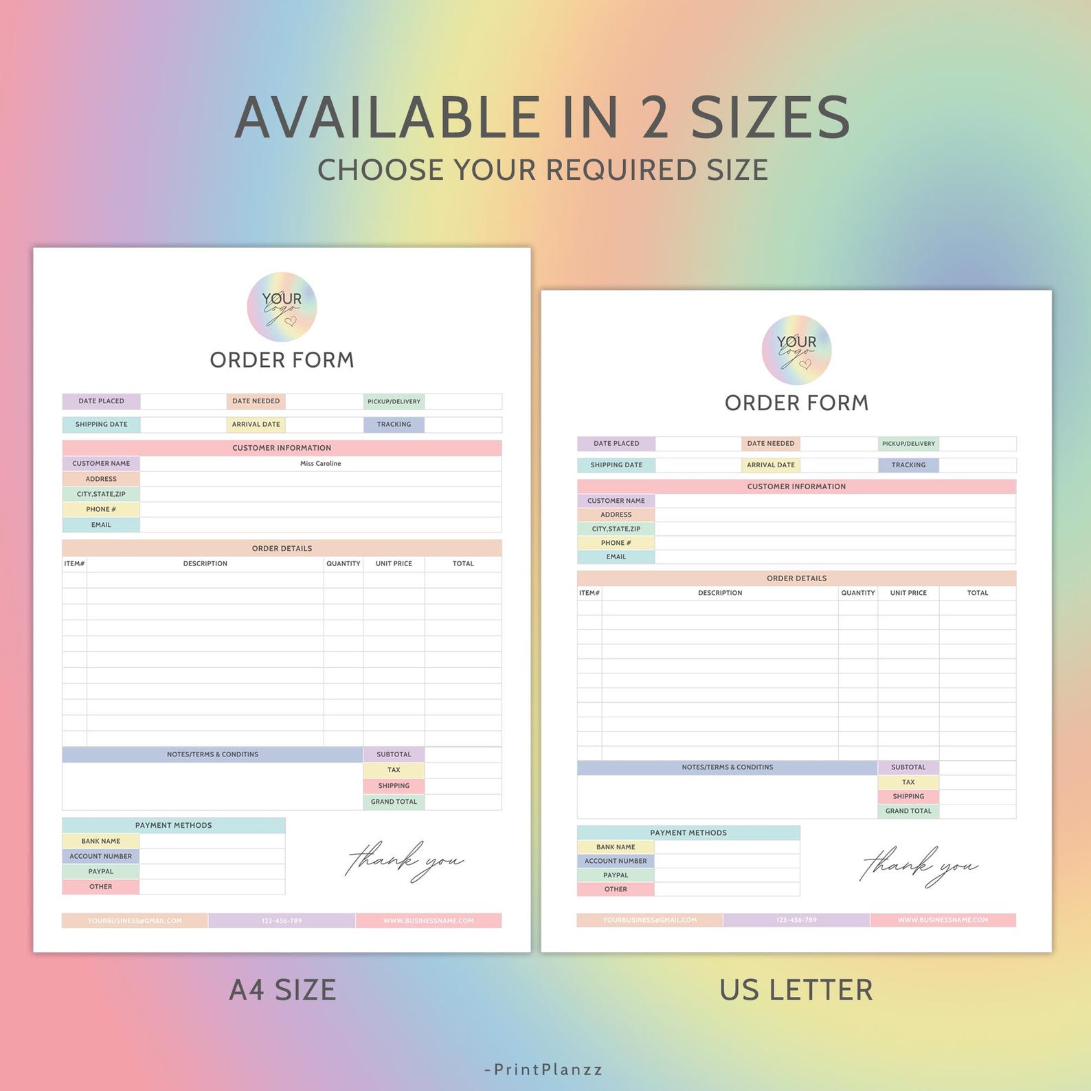 Order Form Template Editable Small Business Order Form Customer Order ...