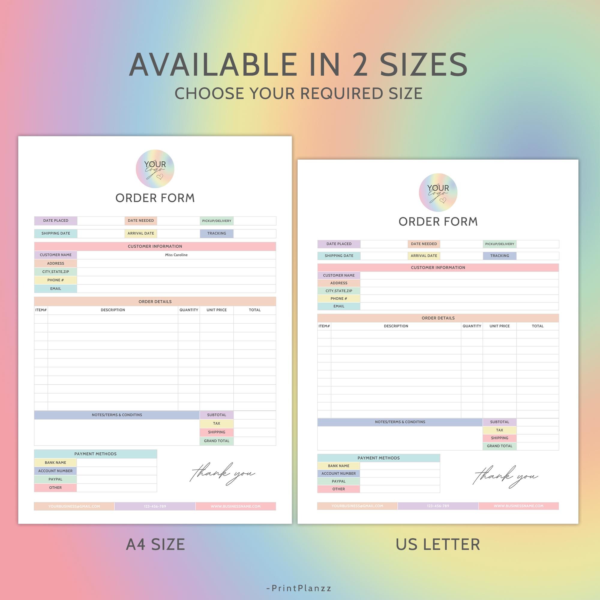 Order Form Template Editable Small Business Order Form Customer Order ...