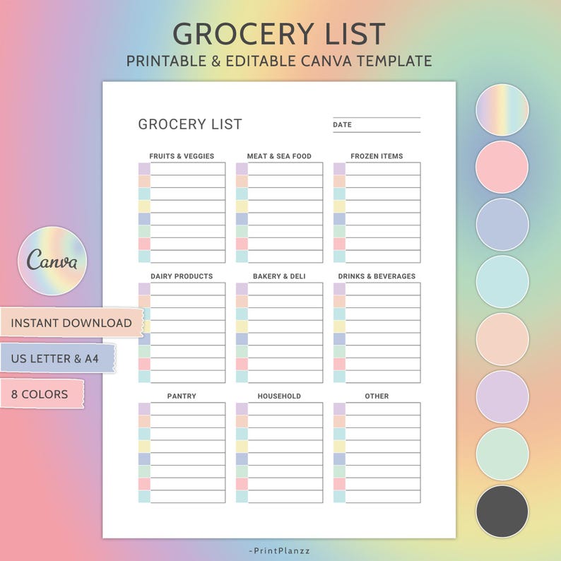 Grocery List Printable Template Canva Editable Grocery List Food ...