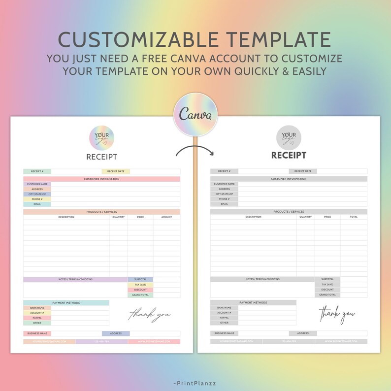 Editable Receipt Template Small Business Digital Receipt Form Customer ...