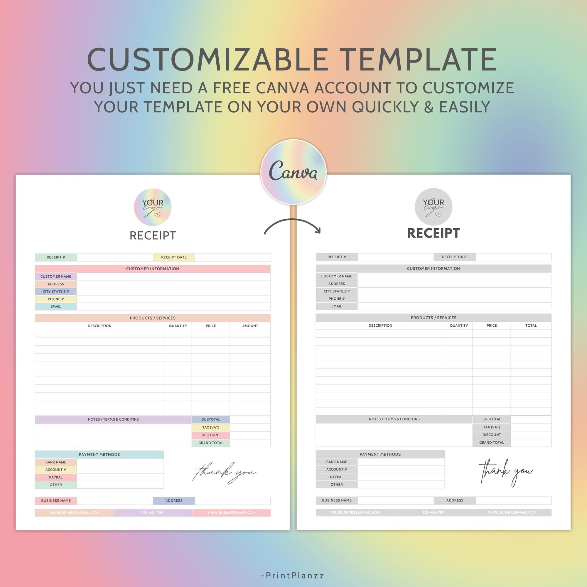 Editable Receipt Template Small Business Digital Receipt Form Customer ...