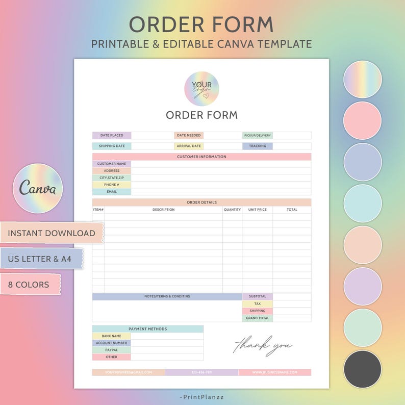 Order Form Template Editable Small Business Order Form Customer Order ...