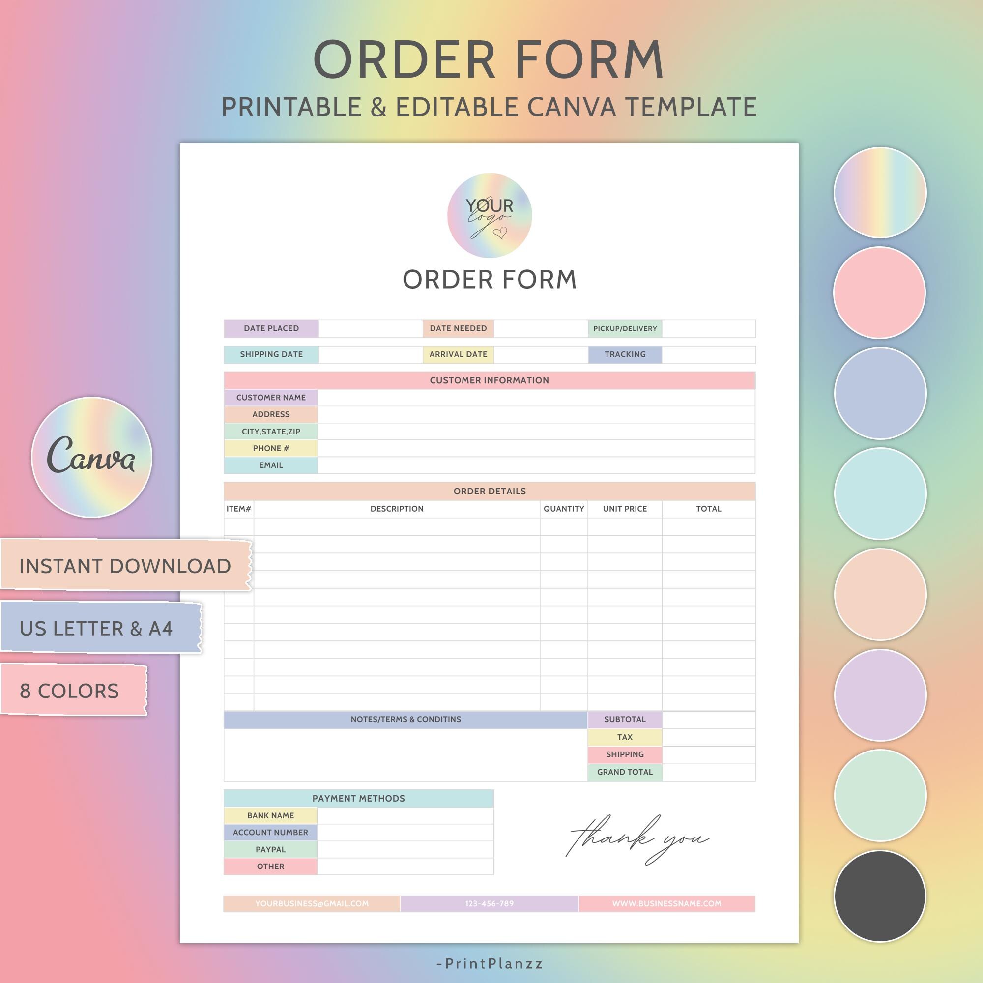Order Form Template Editable Small Business Order Form Customer Order ...