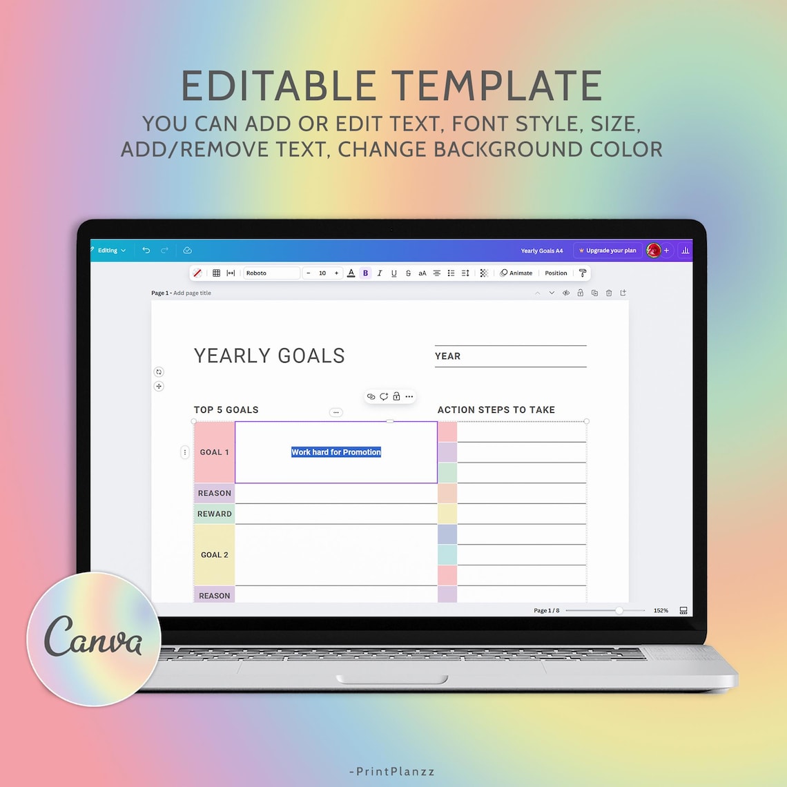 Yearly Goals Printable Template Editable Canva Template Yearly Goal ...