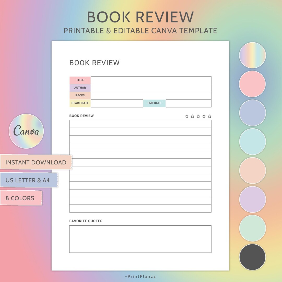 Book Review Template Editable Canva Template Book Review Printable PDF ...