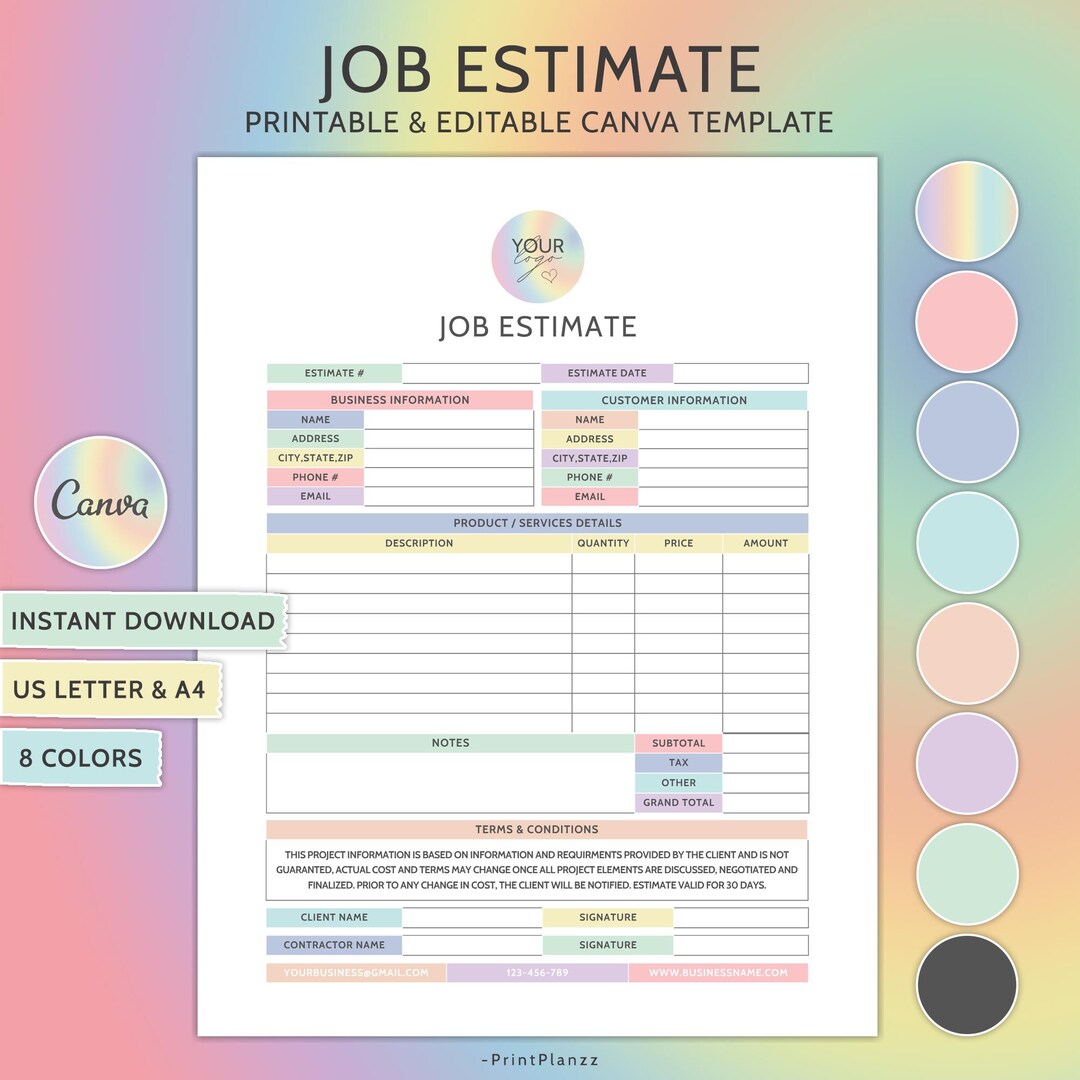 Job Estimate Template Editable Job Estimate Canva Template PDF ...