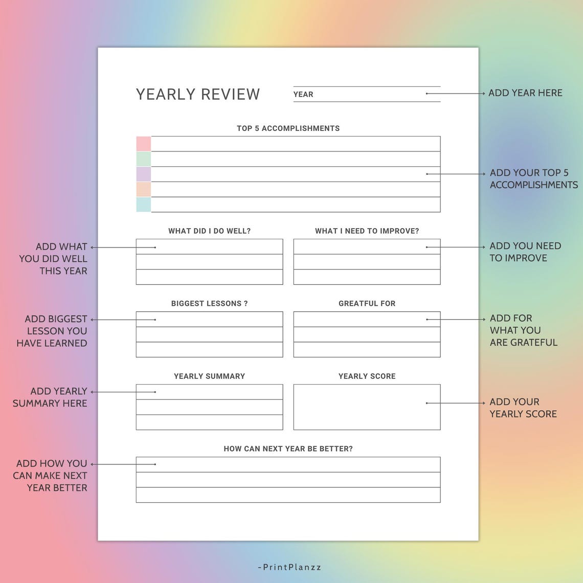 Yearly Review Template Yearly Reflection Annual Review Yearly Goals ...