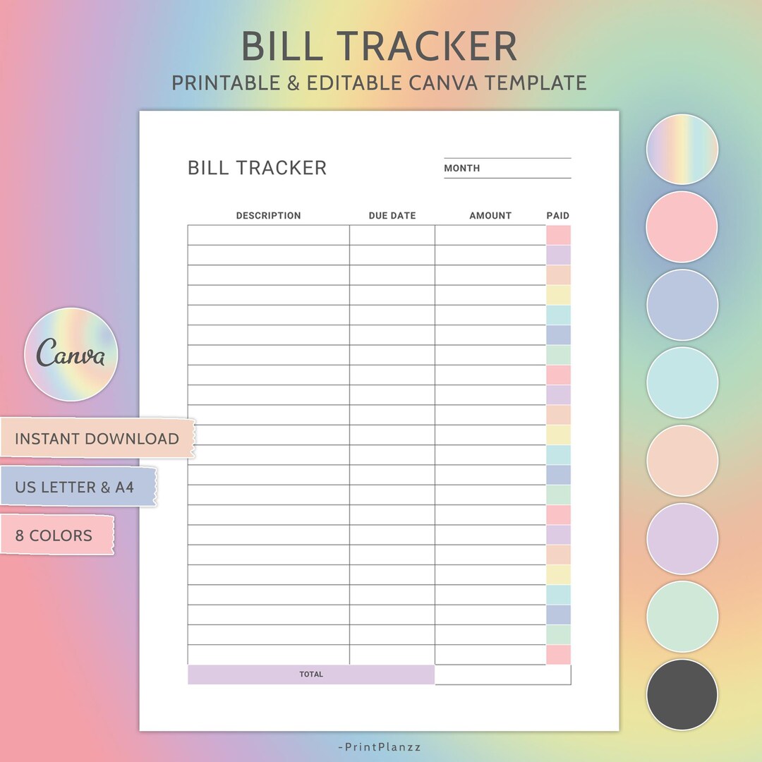Monthly Bill Tracker Printable Bill Payment Checklist Bill Organizer ...