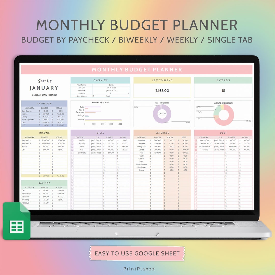 Monthly Budget Planner Google Sheets Monthly Budget Spreadsheet ...