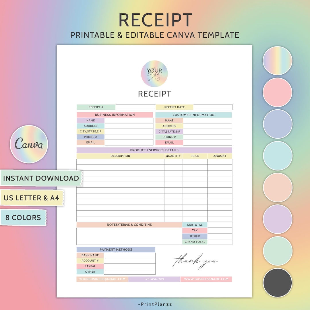Editable Receipt Template Small Business Digital Receipt Form Customer ...